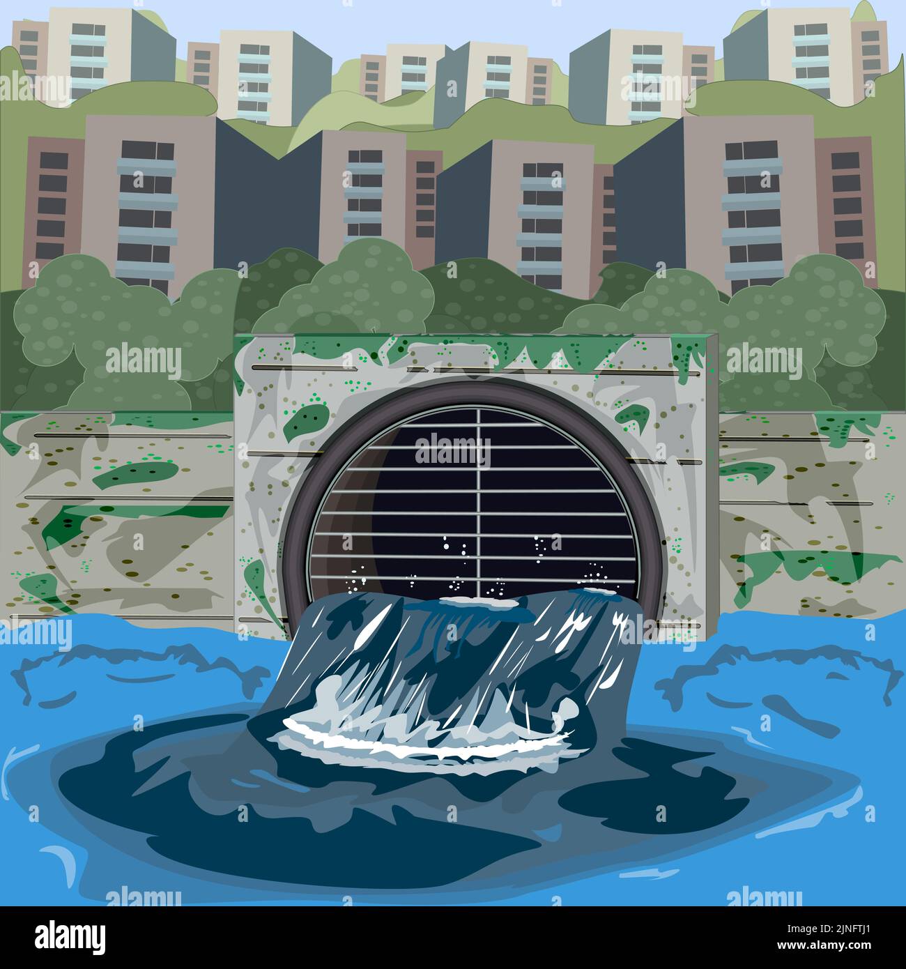 City wastewater is discharged through pipes into river. Contamination ...