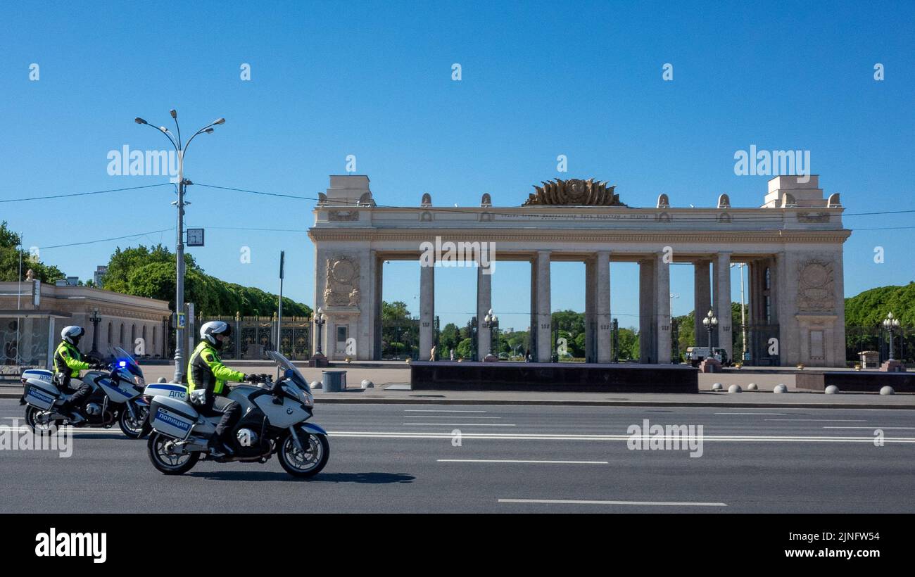 May 19, 2019, Moscow, Russia. Police officers on motorcycles at Gorky ...