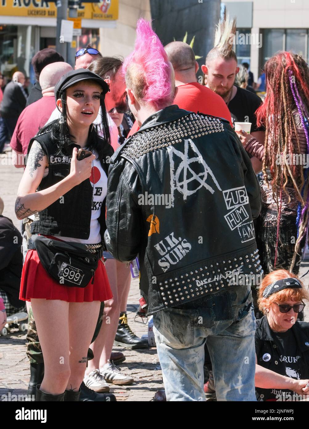 Blackpool, Lancashire, UK August 6 2022 Two punks in conversation ...