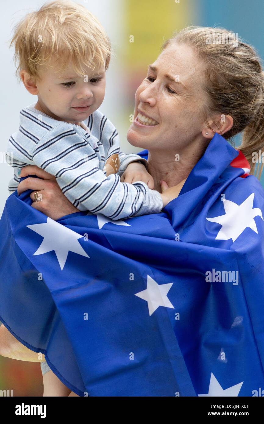 Jessica Stenson, Australia, celebrates with her son, Billy, following ...