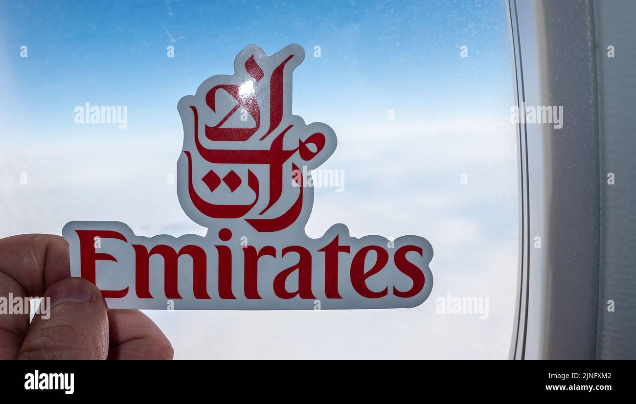 December 6, 2021, Dumbai, UAE. The emblem of the airline Emirates on ...