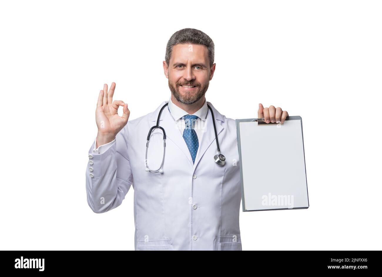 positive doctor showing clinical record. doctor isolated on white with ...