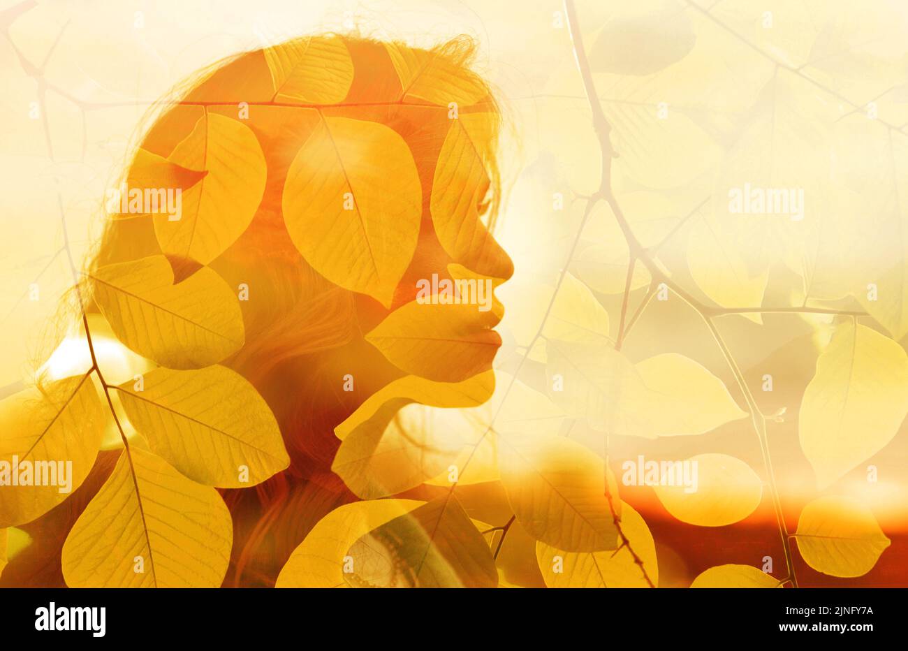 Multiexposure face portrait of beautiful young woman with autumn fall ...