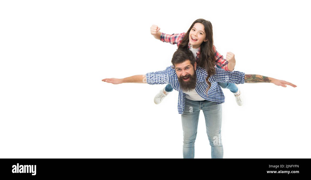 I can fly. Happy child and father pretend flying. Bearded man carry ...