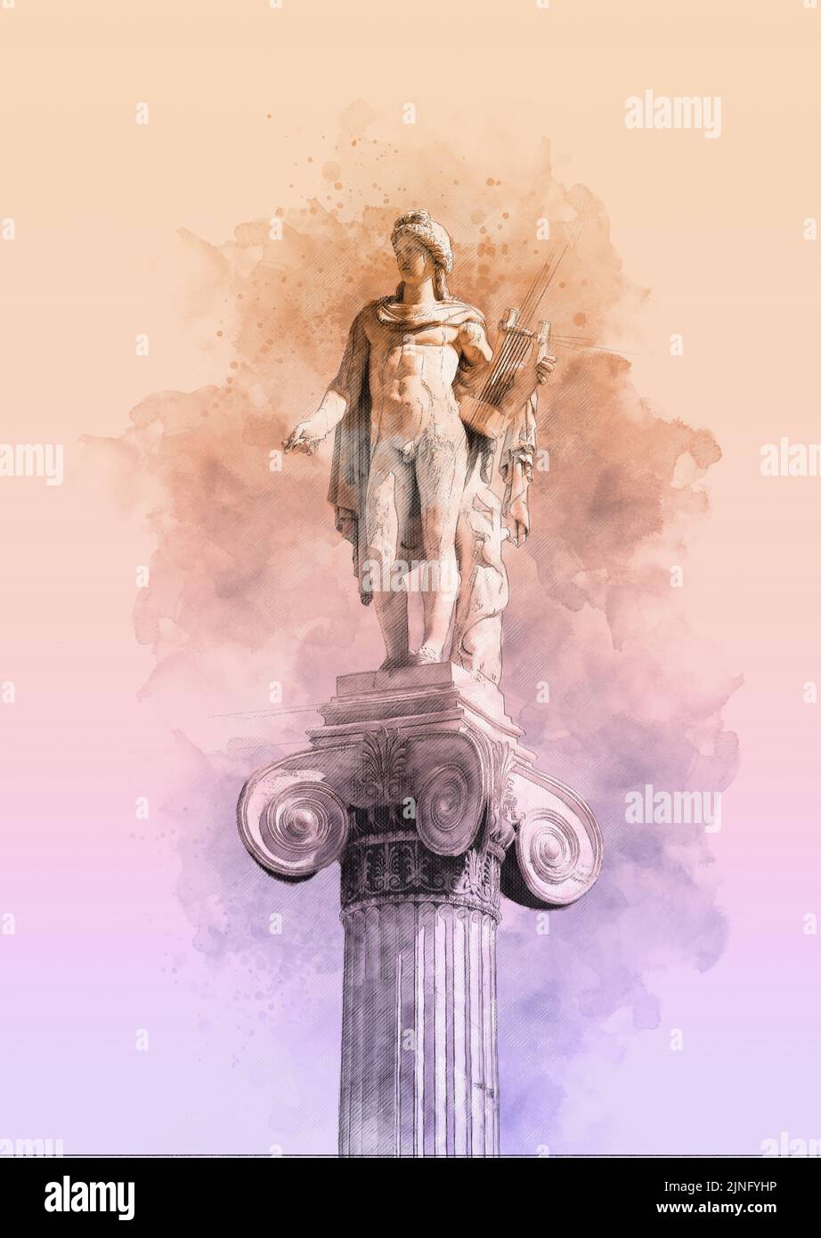 statue of Apollon on the column in fromnt of Athens Academy building ...