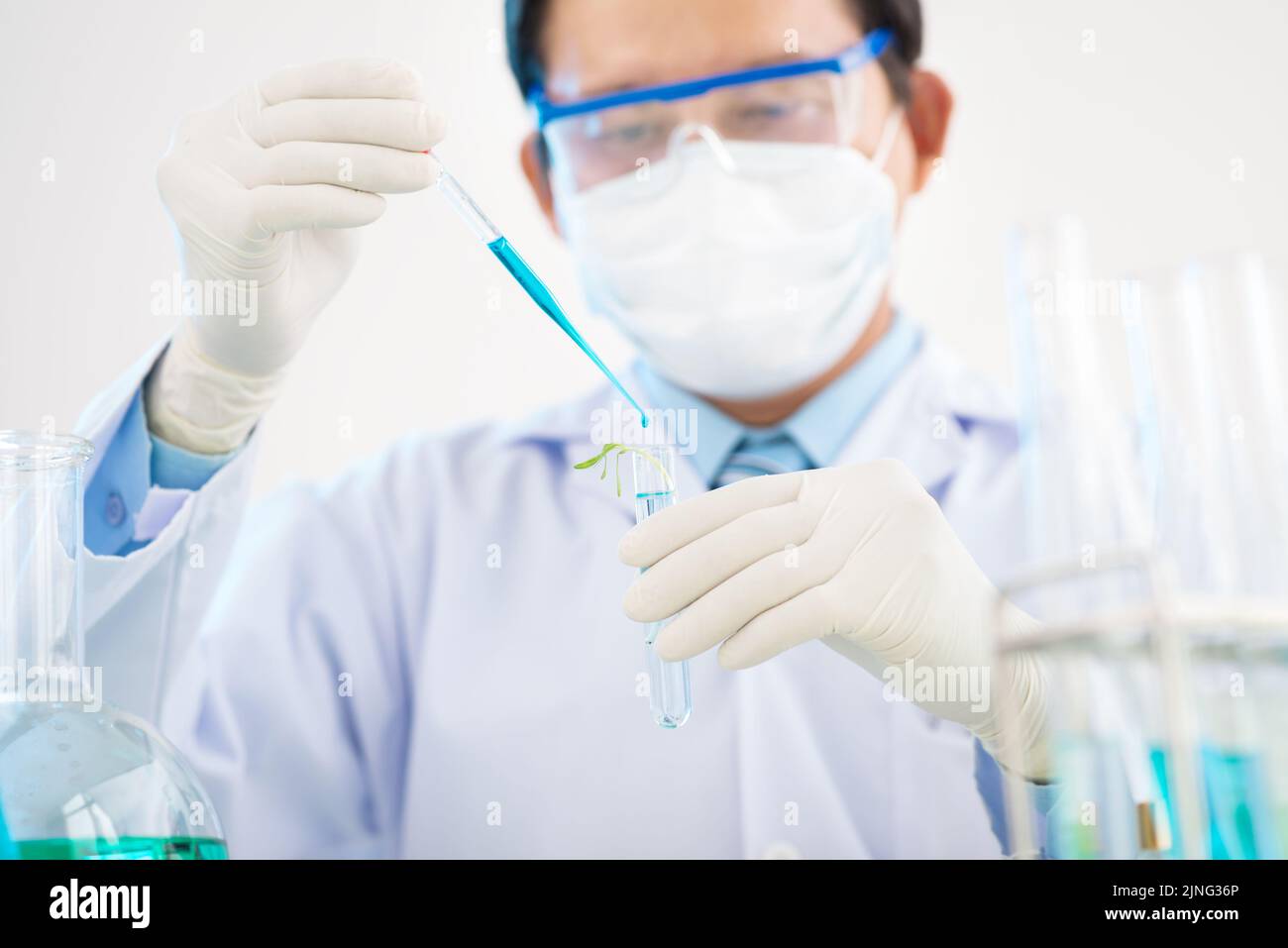 Concentrated middle-aged researcher wearing rubber gloves and safety ...