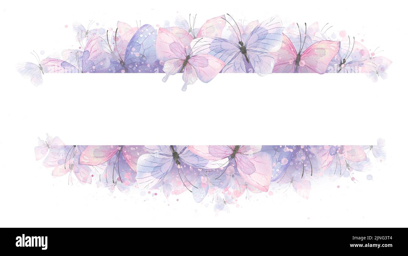 Horizontal frame, banner with delicate pink and purple butterflies ...