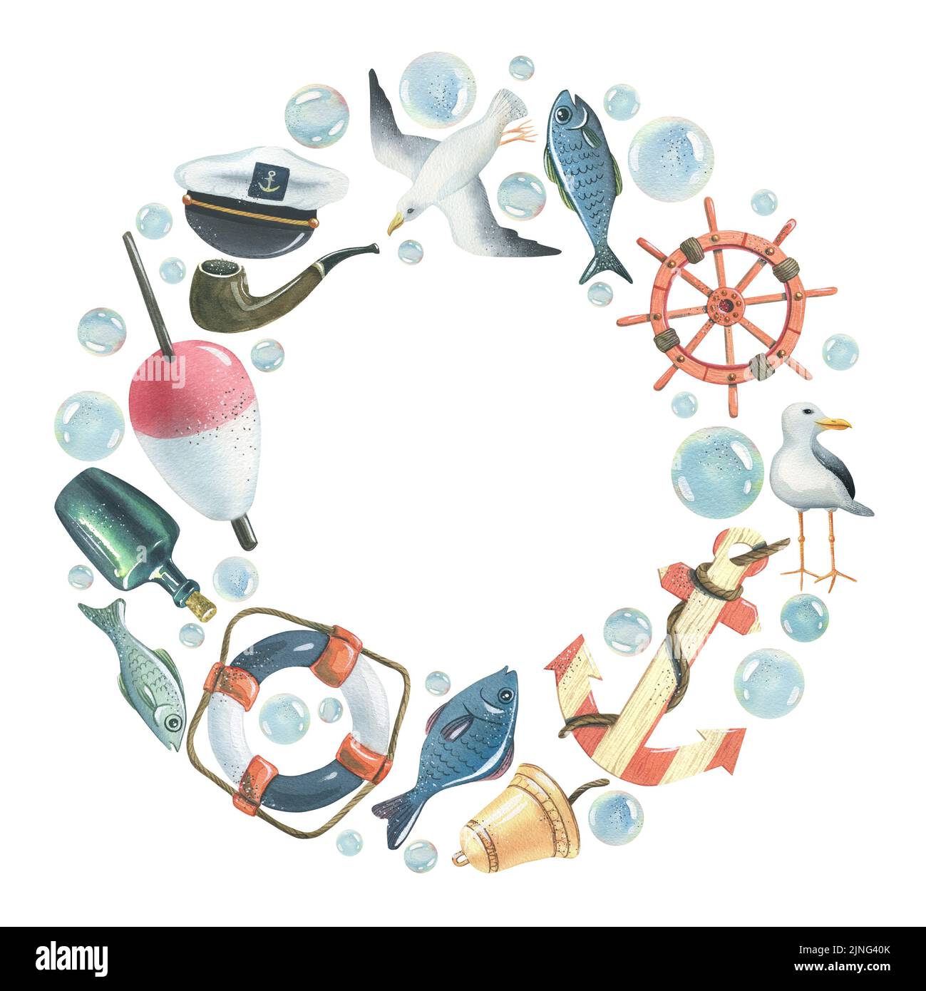 Round frame with elements of sea fishing, yachts, steering wheel ...