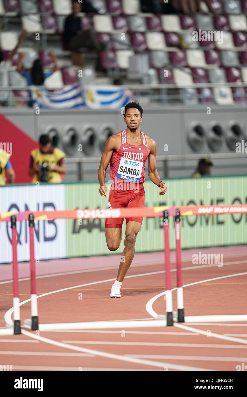 Abderrahman Samba participating in the 400m hurdles at the Doha 2019 ...