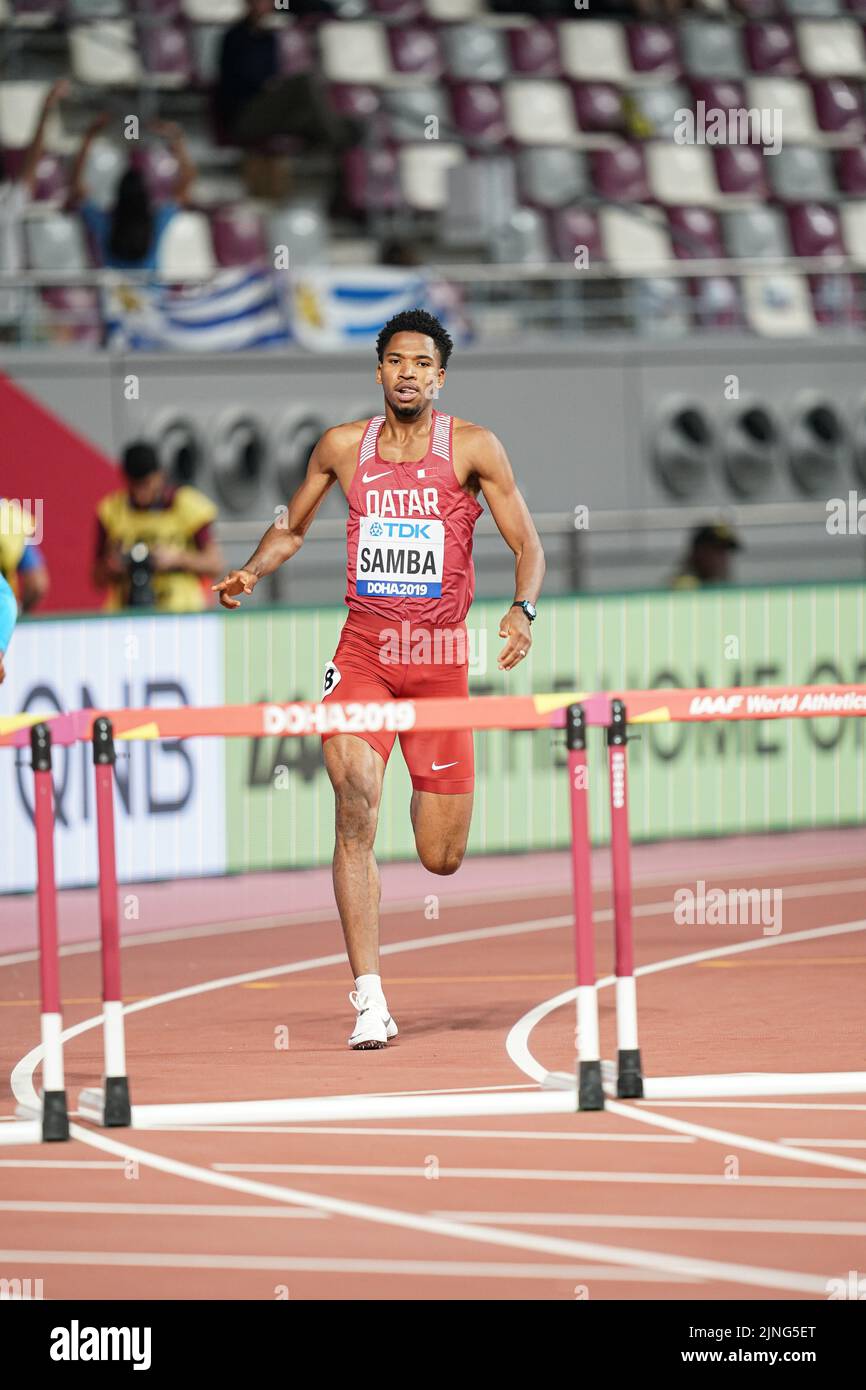 Abderrahman Samba participating in the 400m hurdles at the Doha 2019 ...