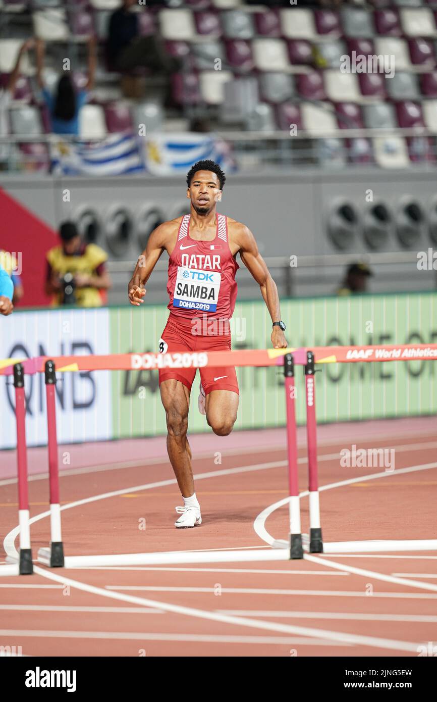 Abderrahman Samba participating in the 400m hurdles at the Doha 2019 ...