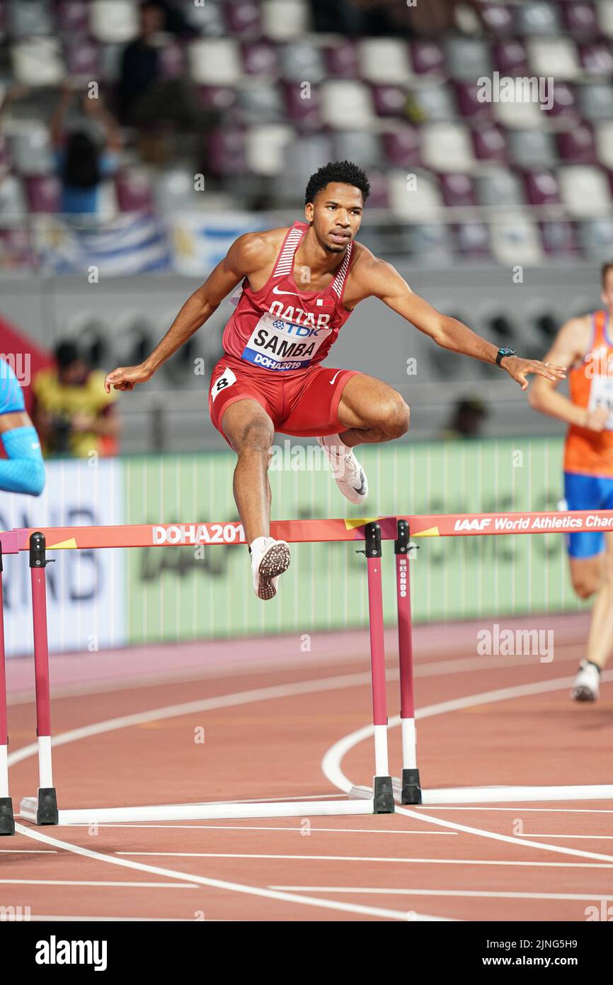 Abderrahman Samba participating in the 400m hurdles at the Doha 2019 ...