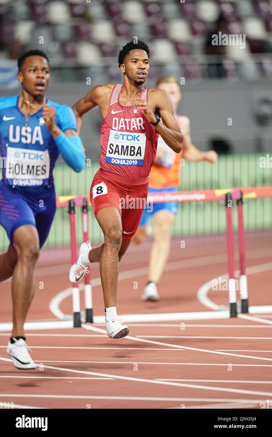 Abderrahman Samba participating in the 400m hurdles at the Doha 2019 ...