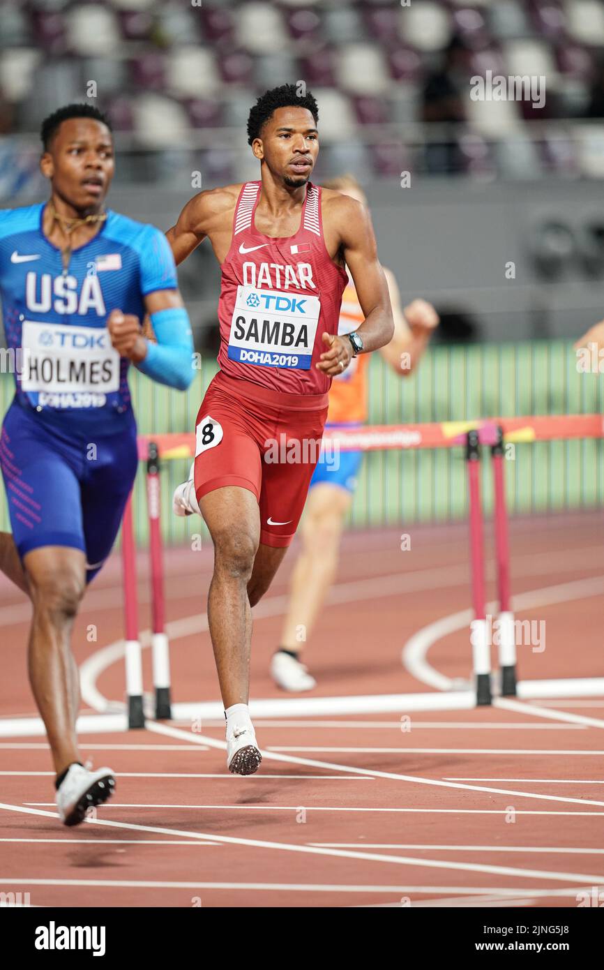 Abderrahman Samba participating in the 400m hurdles at the Doha 2019 ...
