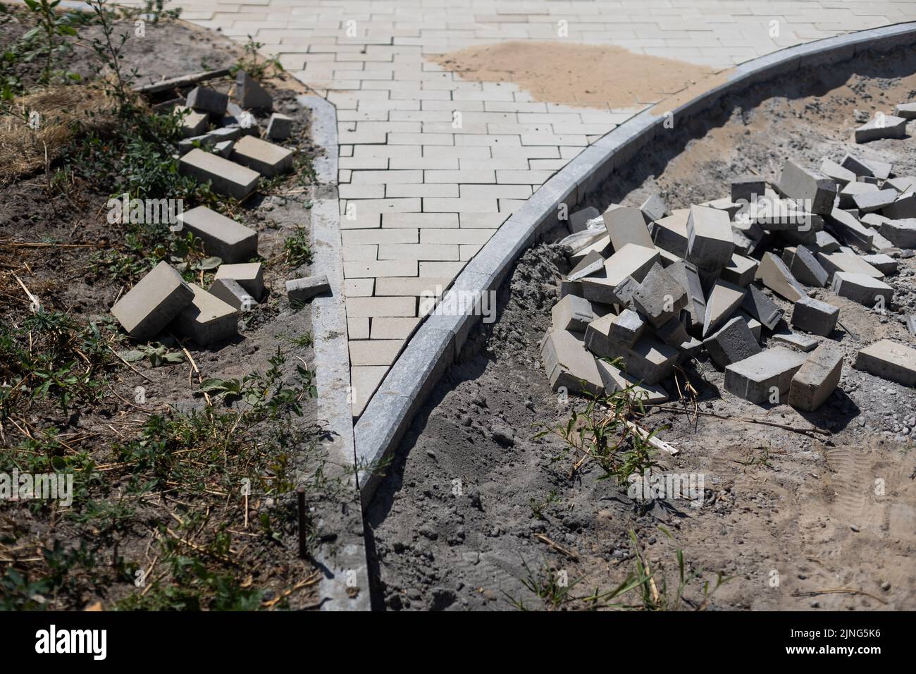 Pavement rocks, stones and cobblestone blocks, construction of path ...