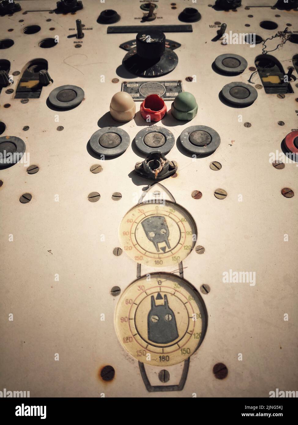 Vintage switch control panel with many buttons in factory manufacturing ...