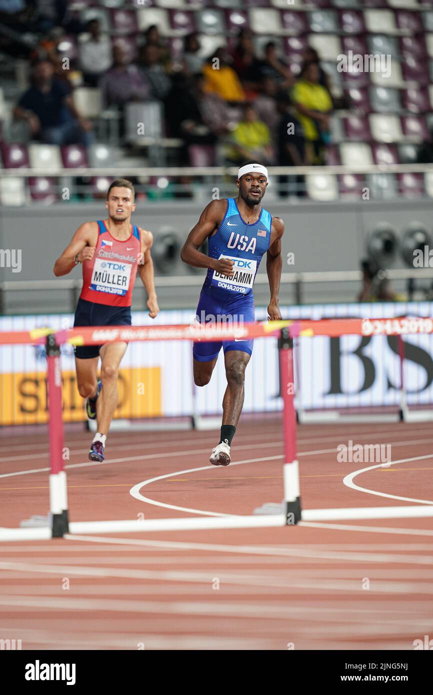 Rai Benjamin participating in the 400m hurdles at the Doha 2019 World ...