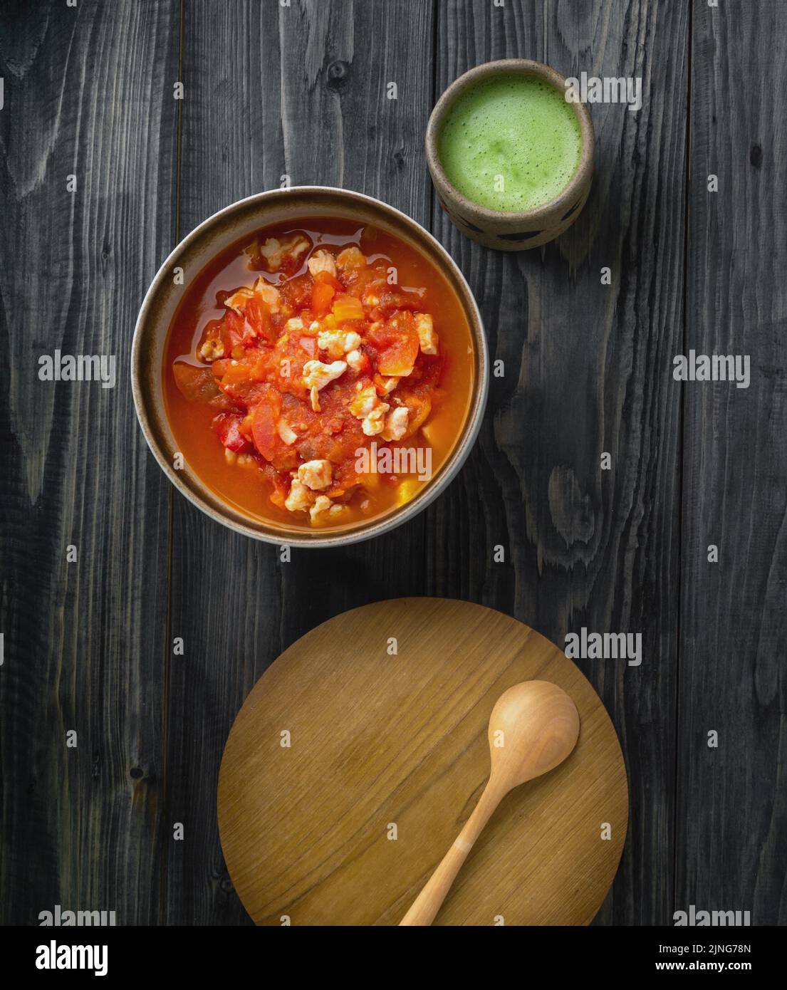 Tomato Soup with Hot Matcha Tea Stock Photo - Alamy