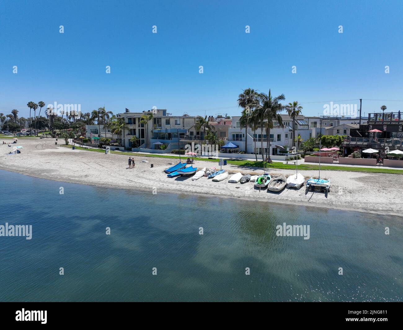 Aerial view of boats and kayaks in Mission Bay in San Diego, California ...