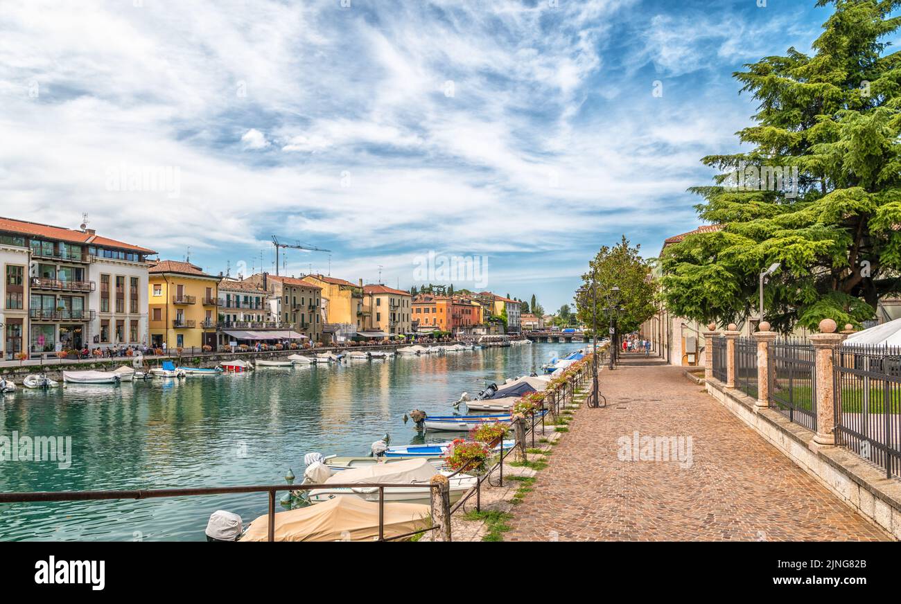 Peschiera del Garda town with harbor and boats view, Garda lake, Veneto ...