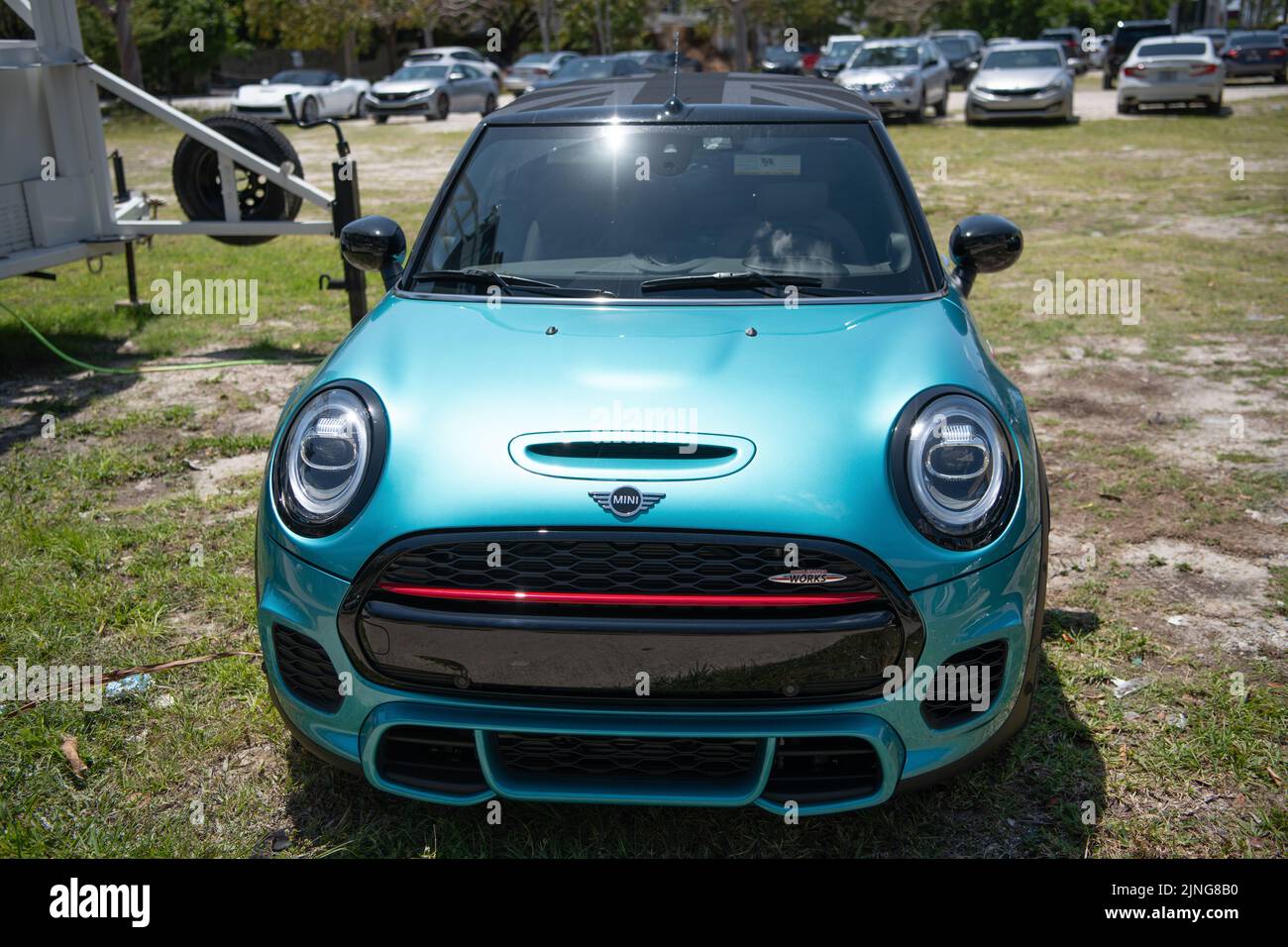 Miami Beach, Florida USA - April 15, 2021: blue Mini John Cooper Works ...