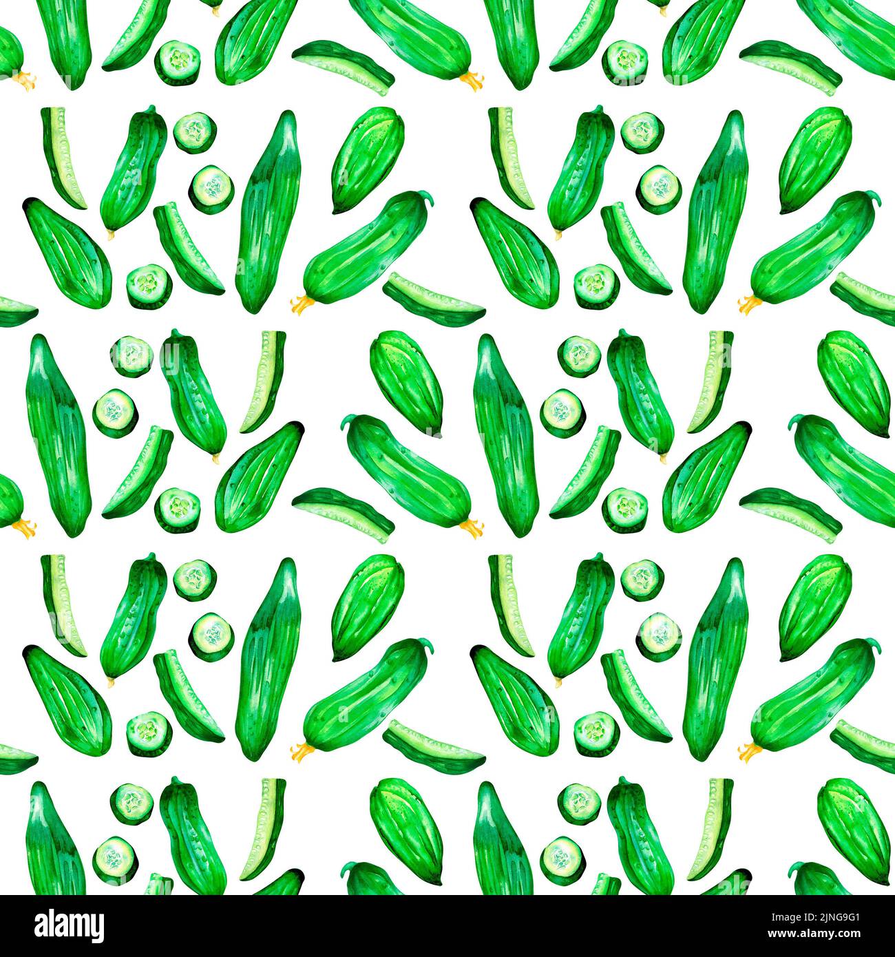Green cucumbers plant watercolor illustration seamless pattern on white ...