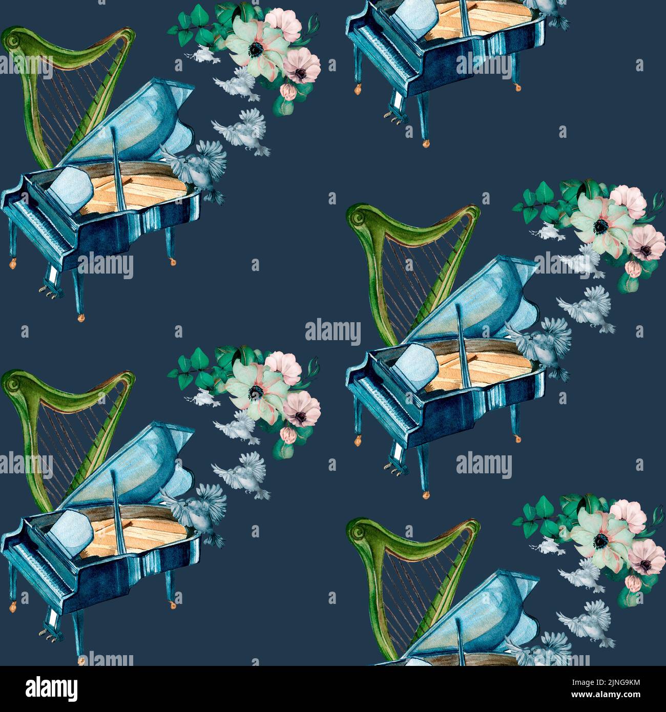Grand piano, harp and flowers watercolor seamless pattern on dark ...