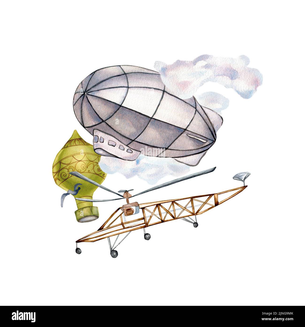 Composition of vintage aerostats watercolor illustration isolated on ...