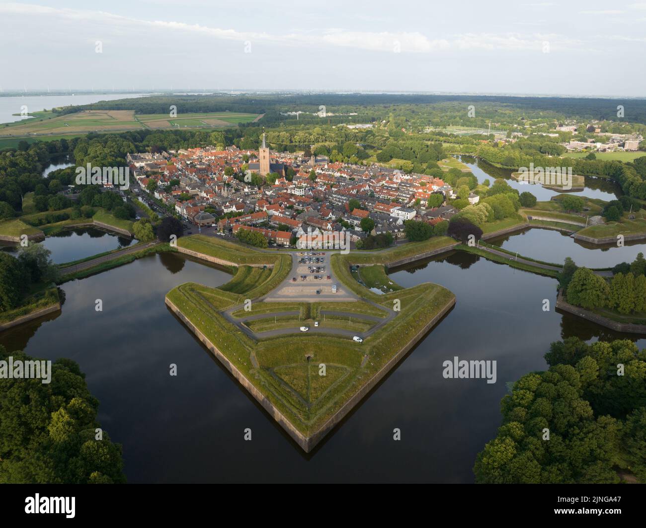 Fortified ancient old historic town of Naarden Vesting overhead aerial ...