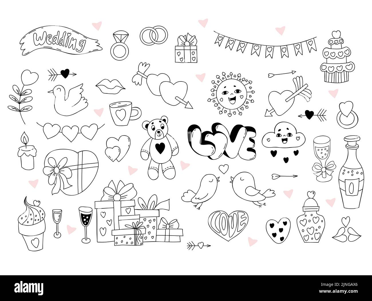 Set wedding and love doodles. Couple love birds with heart, gifts and ...