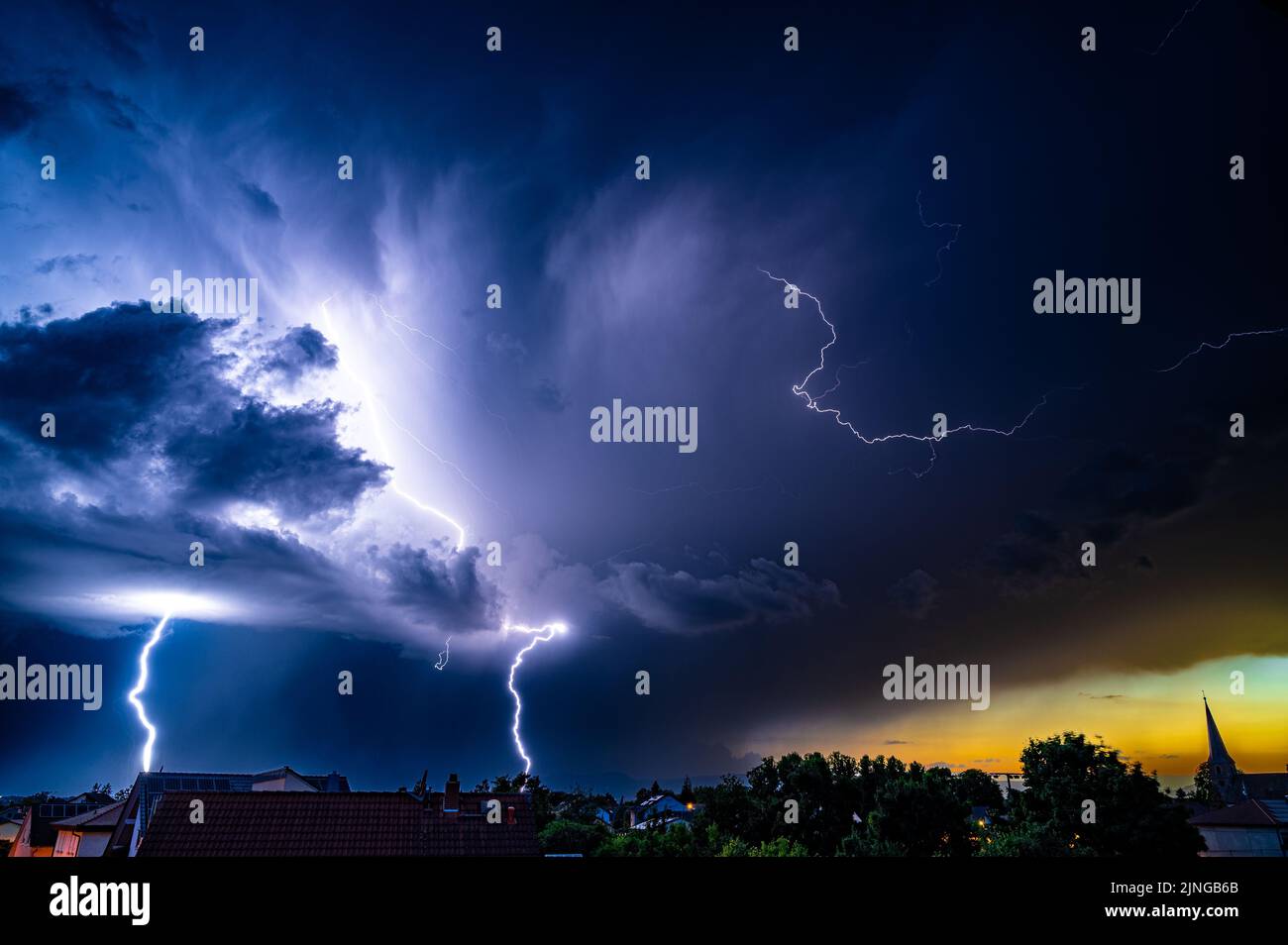 Dramatic stormy sky with thunder and lightning over the city Stock ...