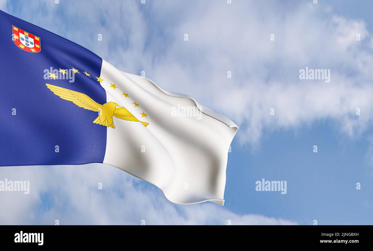 National flag Azores on the background of clouds, fabric flag Azores ...
