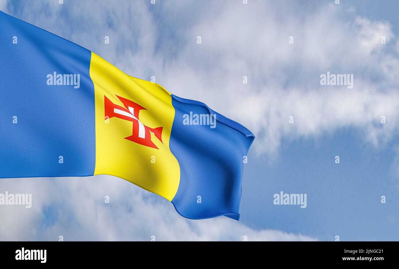 National flag Madeira on the background of clouds, fabric flag Madeira ...