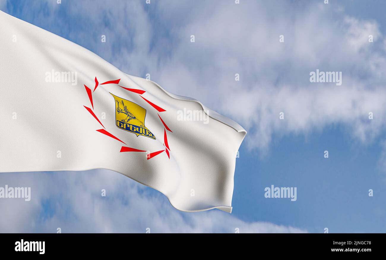 National flag Yerevan city on the background of clouds, fabric flag ...
