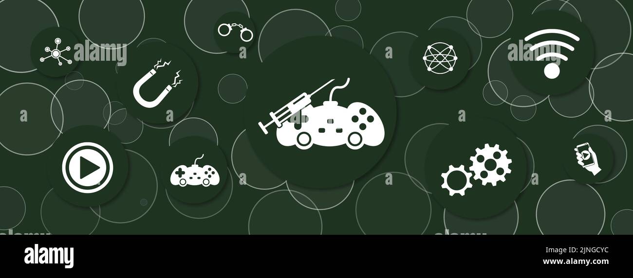 Concept of video game addiction with icons on circles Stock Photo - Alamy