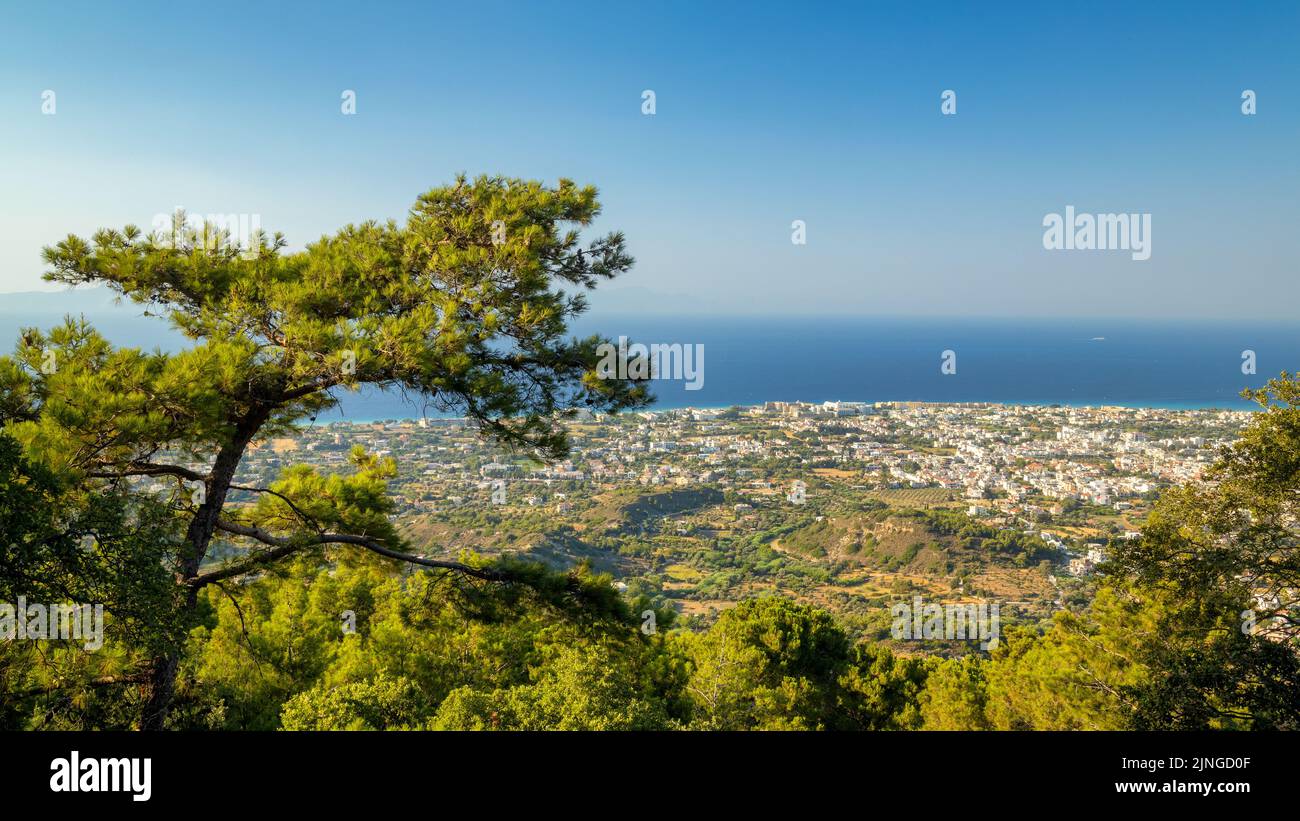 Aerial view of the northwest coast of the island and the city of Rhodes ...