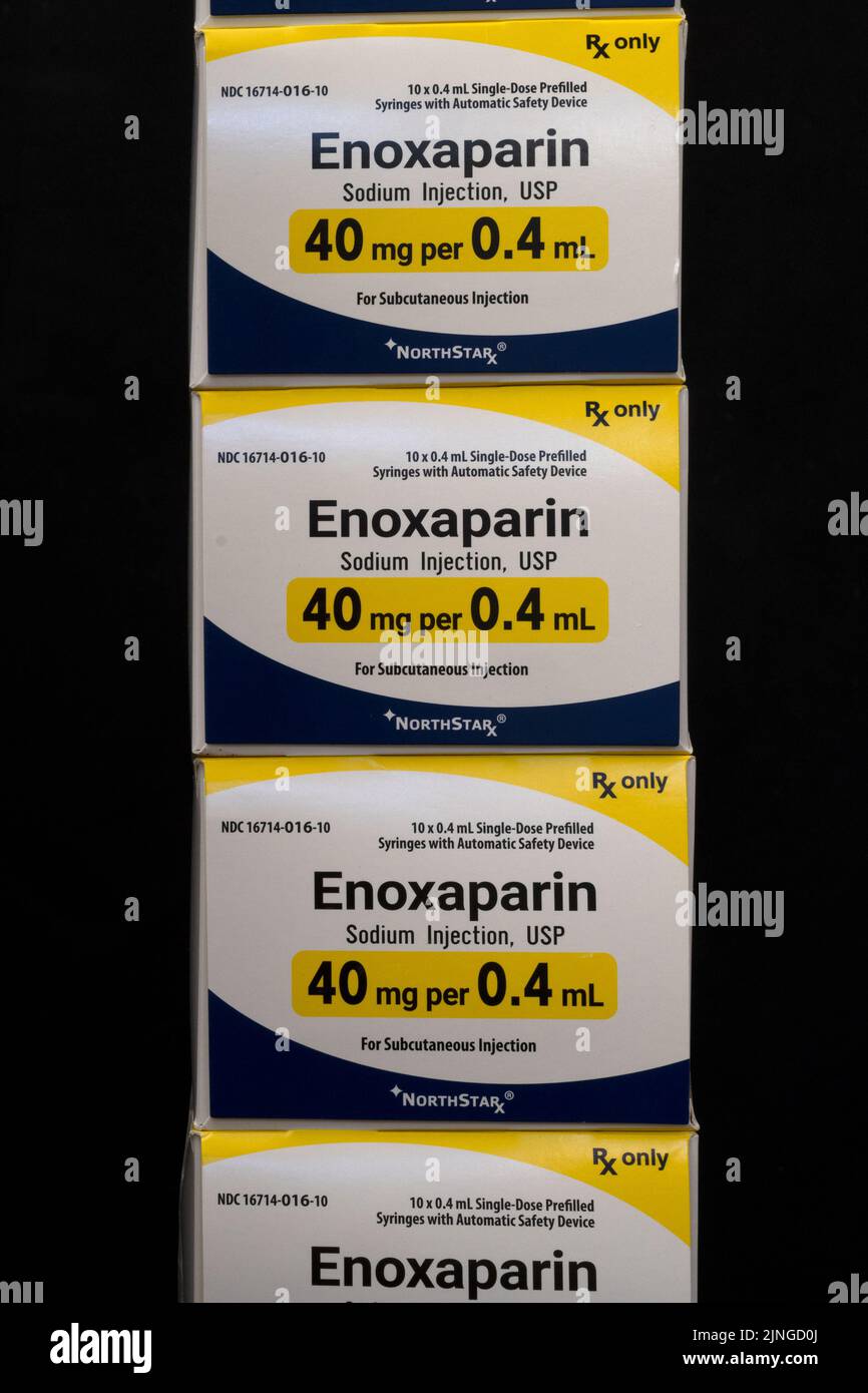 Davis, CA, 24 July 2022. A pile of Enoxaparin sodium boxes. Enoxaparin ...