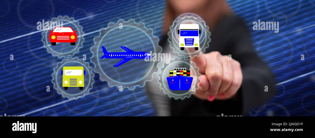 Woman touching a transportation concept on a touch screen with her ...