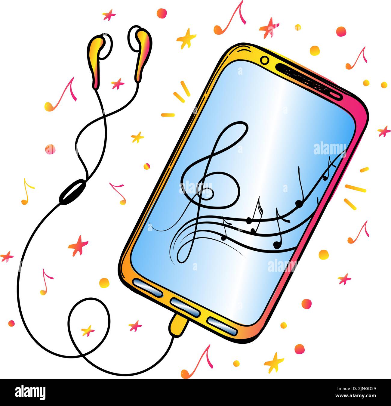A smartphone with headphones, hand-drawn in doodle-sketch style. A ...