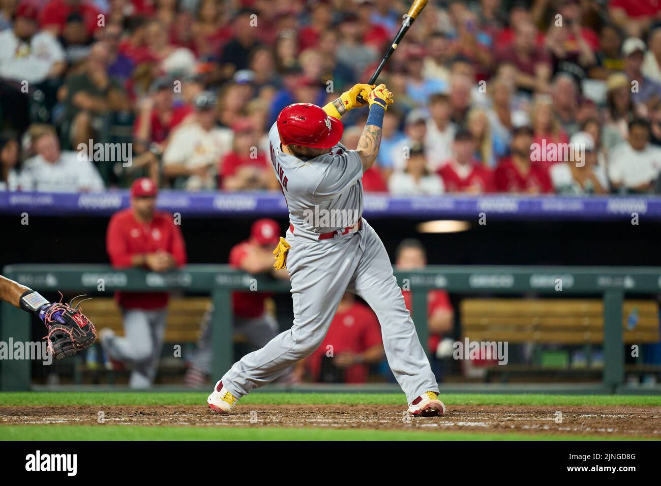 August 10 2022: Saint Louis catcher Yadier Molina (4) gets a hit during ...