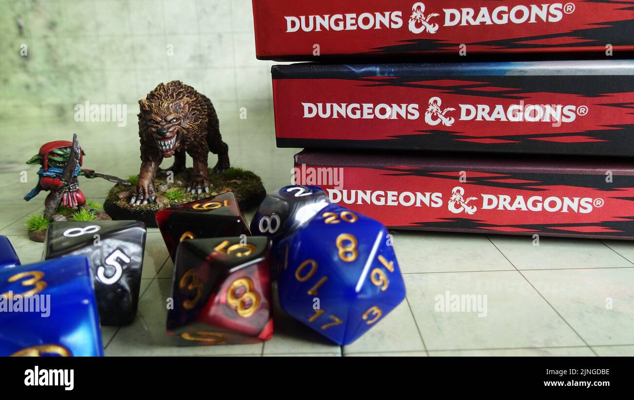 A closeup shot of several dice and characters with Dungeons and Dragons ...
