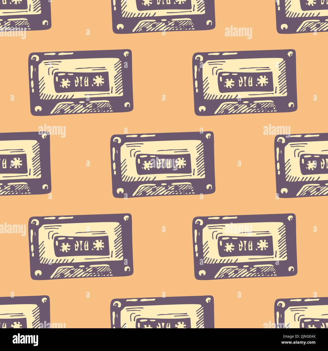 Audio cassette tape engraved seamless pattern. Vintage music cassette ...