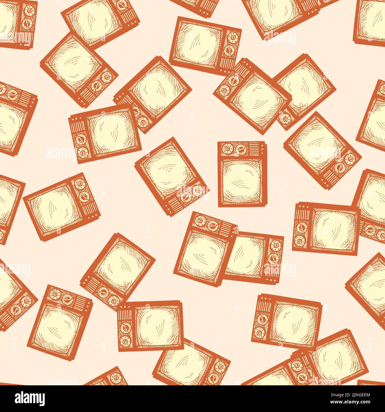 Retro TV engraved seamless pattern. Vintage television media in hand ...