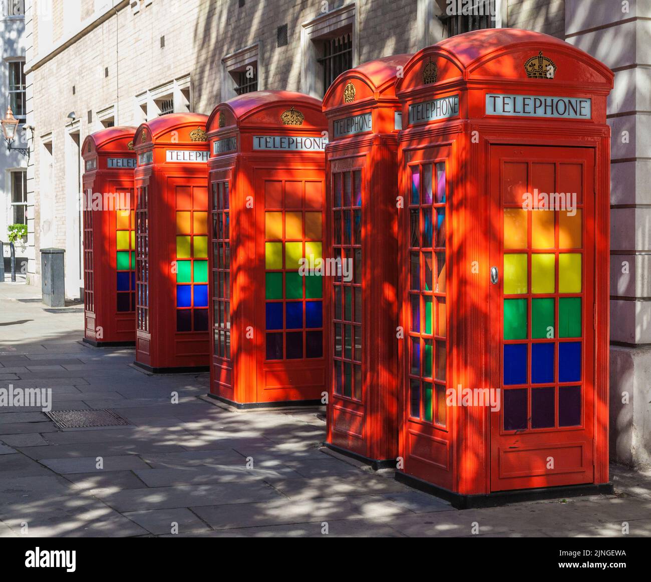 Red telephone boxes in Londons West End decorated in Gay Pride colours ...