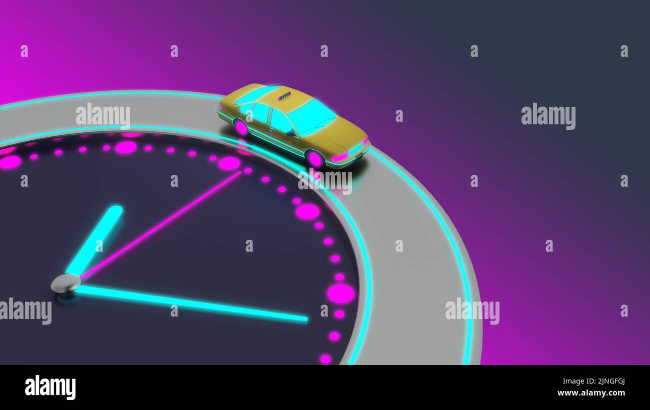 neon taxi car rides on the clock face. 3d rendering Stock Photo - Alamy