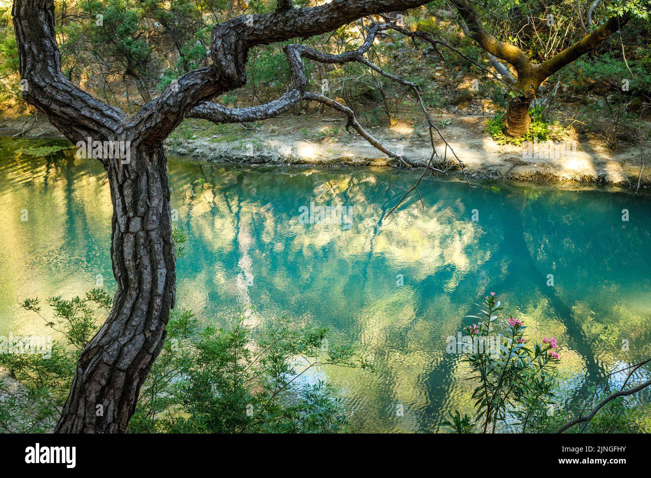 Lake in The seven springs waterfall forest area in the island of Rhodes ...