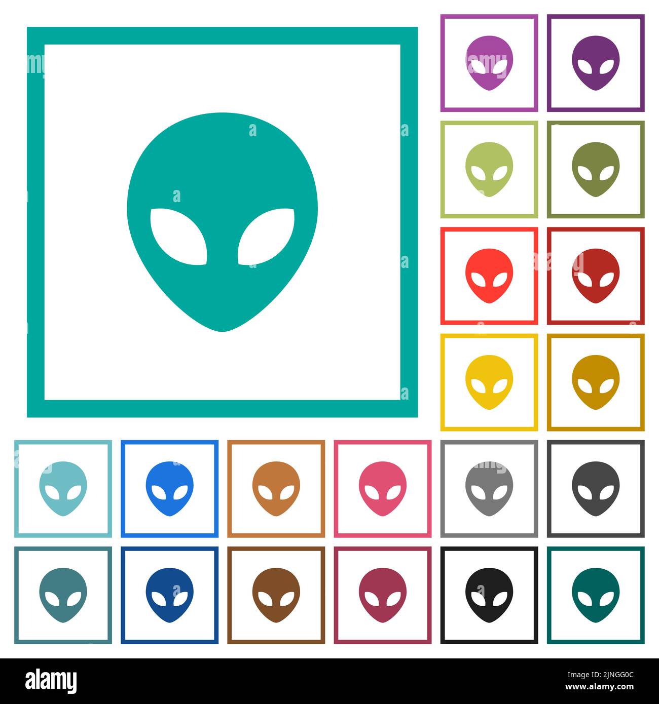 Alien head flat color icons with quadrant frames on white background ...