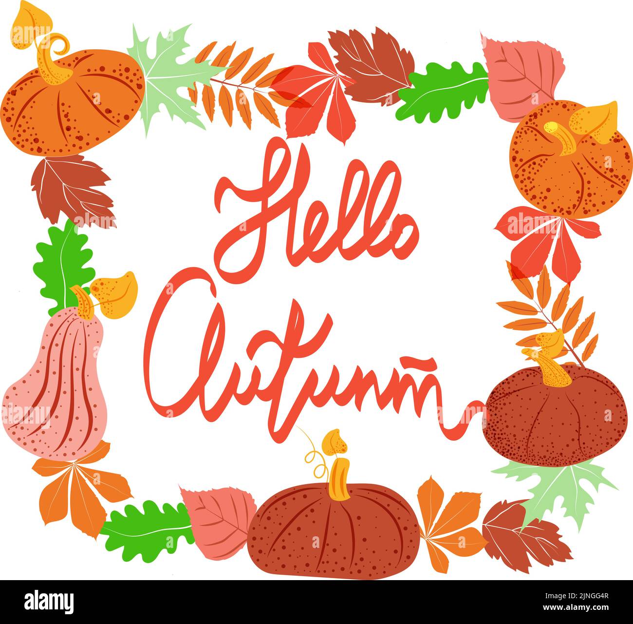 A frame of bright pumpkins and autumn leaves for card decoration ...
