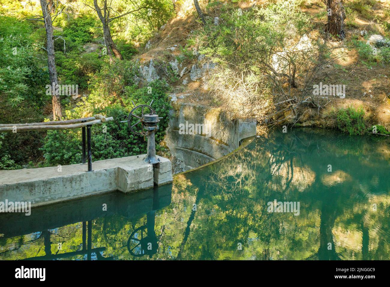 Lake in The seven springs waterfall forest area in the island of Rhodes ...