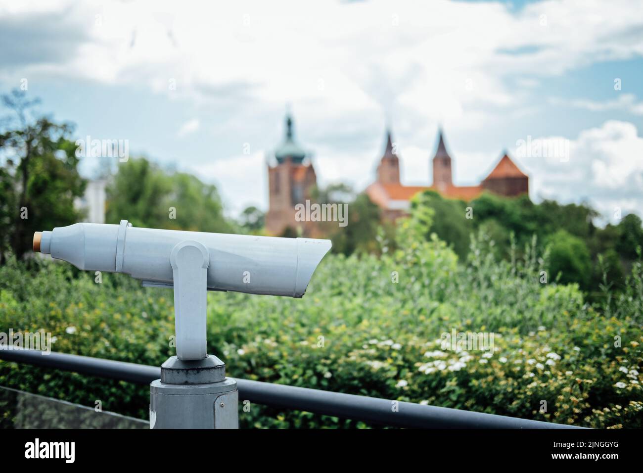 Travel, sightseeing. Grey binoculars, telescope in the city view ...